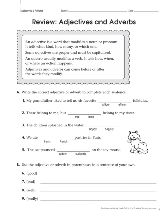 Adjectives & Adverbs Review: Grammar Practice Page | Printable Skills ...