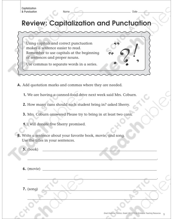 Capitalization & Punctuation Review: Grammar Page | Printable Skills Sheets