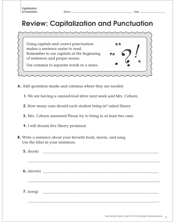 Capitalization & Punctuation Review: Grammar Page | Printable Skills Sheets