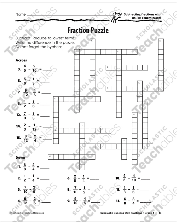 Fraction Puzzle - Subtracting Fractions with Unlike Denominators ...