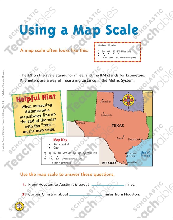 Using a Map Scale: Grade 3 Map Skills | Printable Maps and Skills Sheets