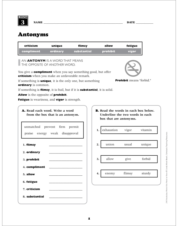 Antonyms: Grade 5 Vocabulary | Printable Skills Sheets