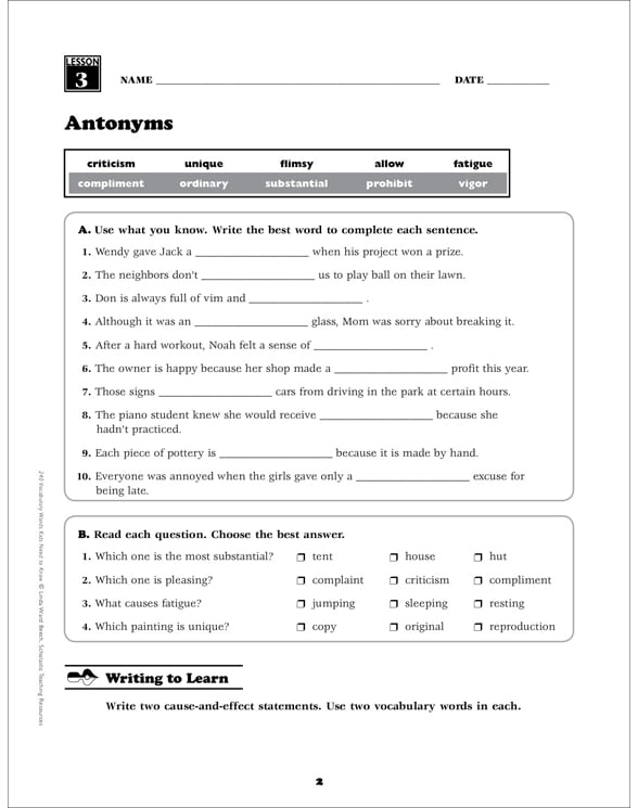 Antonyms: Grade 5 Vocabulary | Printable Skills Sheets