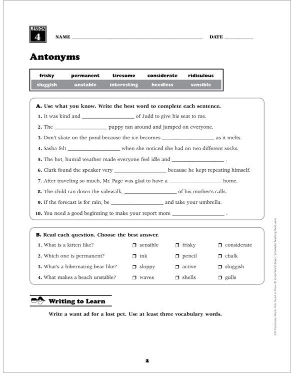 Antonyms: 5th Grade Vocabulary | Printable Skills Sheets