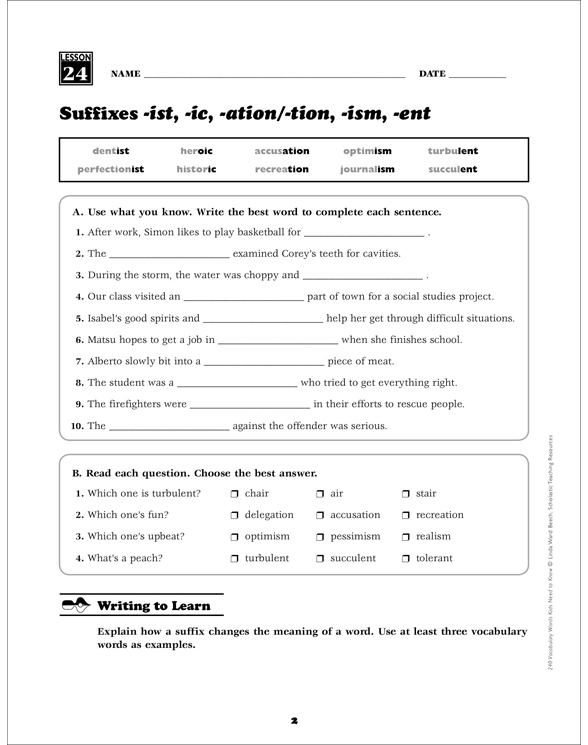 Suffixes (-ist, -ic, -ation/-tion, -ism, -ent): Grade 5 Vocabulary ...