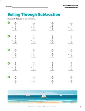 Foiling Worksheets Sailing Through Subtraction (Unlike Denominators)
