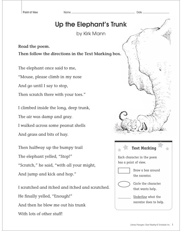 Up the Elephant’s Trunk: Close Reading Passage | Printable Lesson Plans ...