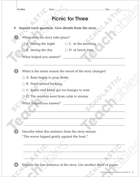 Picnic for Three: Close Reading Passage | Printable Lesson Plans, Ideas ...