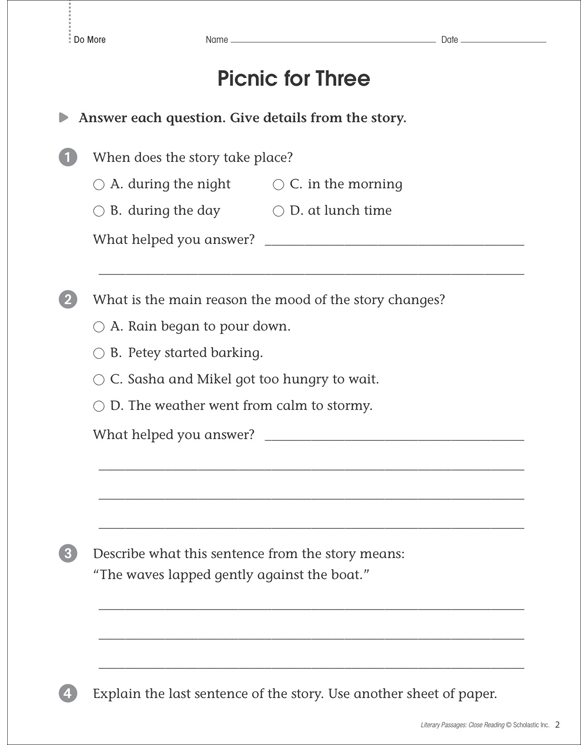 Picnic for Three: Close Reading Passage | Printable Lesson Plans, Ideas ...