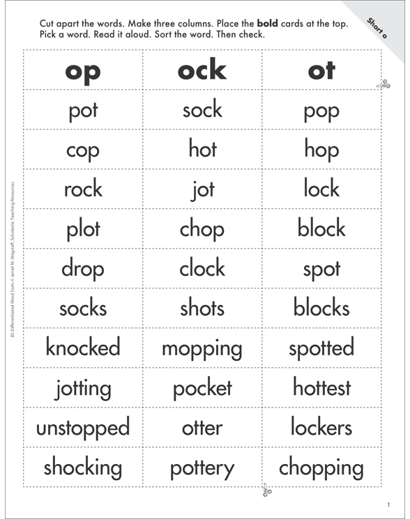 Short o (op, ock, ot): Differentiated Word Sort | Printable Lesson ...