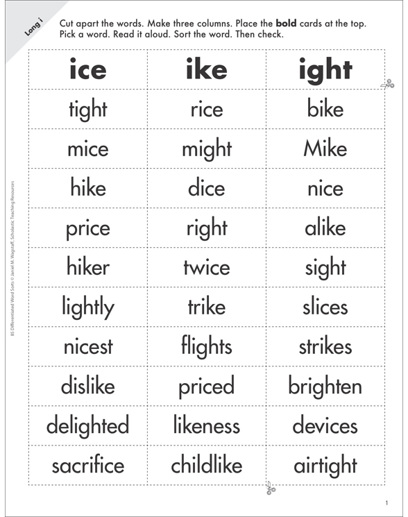 Long i (ice, ike, ight): Differentiated Word Sort | Printable Lesson ...