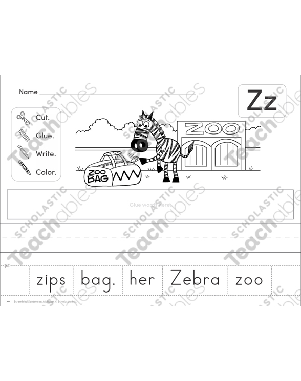 Letter Zz: Scrambled Sentence Alphabet Page | Printable Cut, Pastes and ...