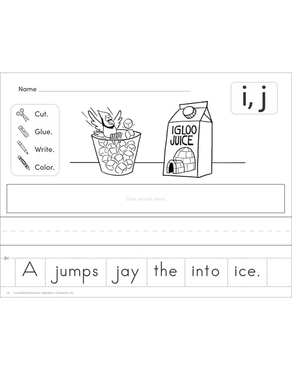 Letters i, j: Scrambled Sentence Alphabet Page | Printable Cut, Pastes ...