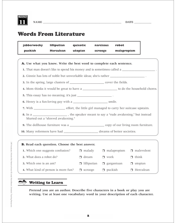 Words From Literature: Grade 6 Vocabulary | Printable Skills Sheets