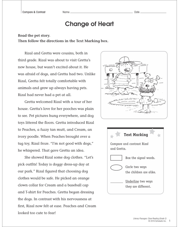 Change of Heart: Close Reading Passage | Printable Skills Sheets ...