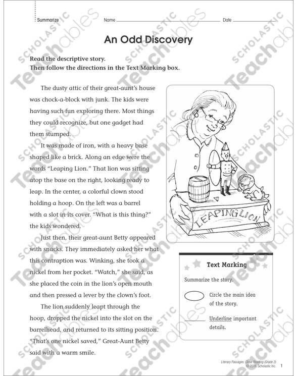 An Odd Discovery: Close Reading Passage | Printable Skills Sheets ...