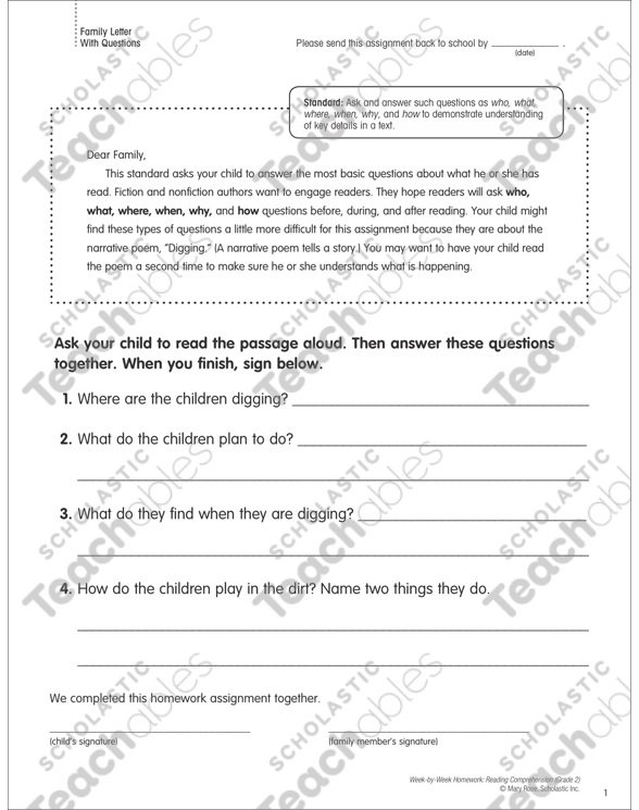 Digging: Reading Homework | Printable Texts and Skills Sheets