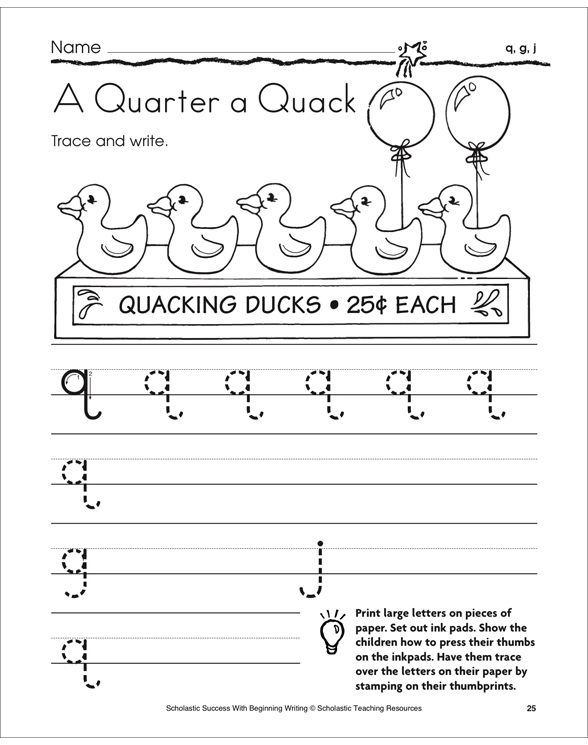 A Quarter a Quack (lowercase q, g, j) | Printable Skills Sheets