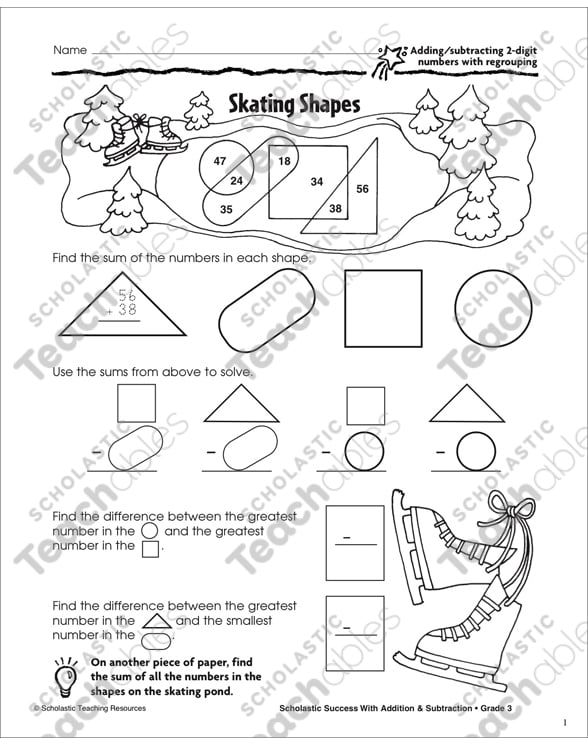 Skating Shapes (Add,Subtract/2-Digits/Regrouping) | Printable Skills Sheets