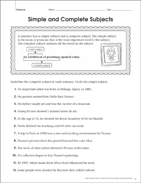 Complete And Simple Subject Worksheets Simple Subject And Predicate