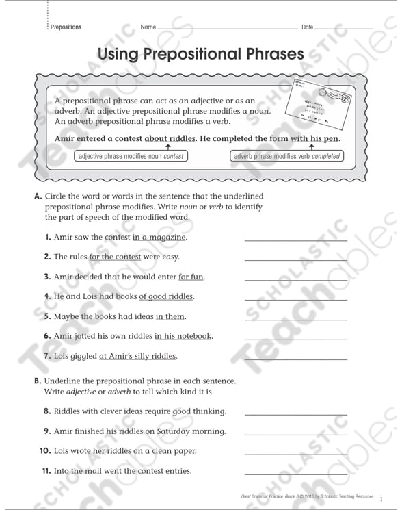Using Prepositional Phrases: Grammar Practice Page | Printable Skills ...