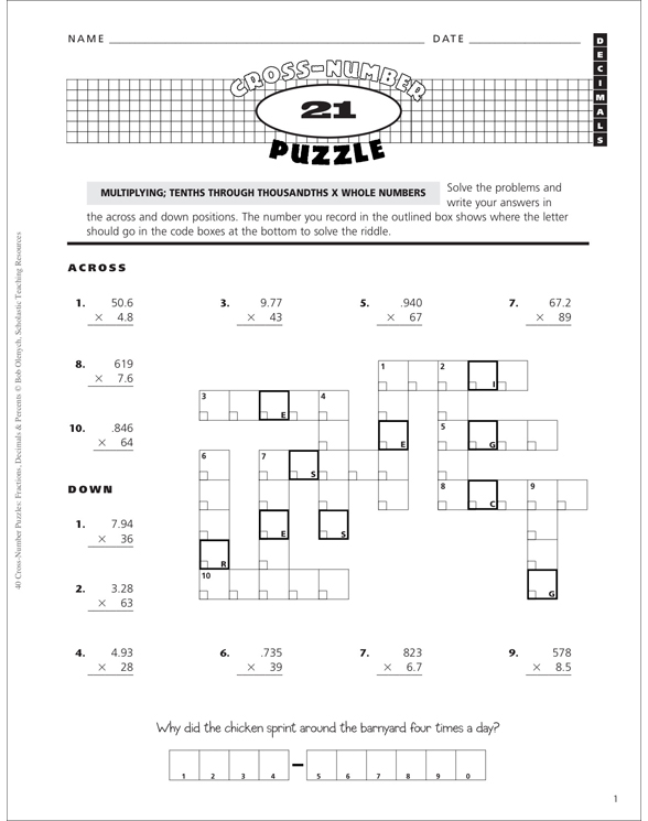 Decimals: Cross-Number Puzzle #21 | Printable Number Puzzles and Skills ...