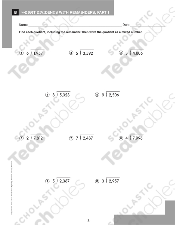 4-Digit Dividends With Remainders: Long Division | Printable Skills ...
