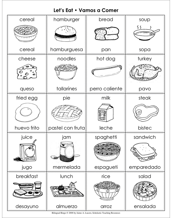 Let's Eat/Vamos a Comer: Bilingual Bingo Games | Printable BINGO