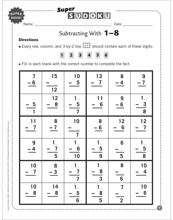 Sudoku Puzzle: Subtracting With 1-8 (super-sized) | Printable Sudoku ...