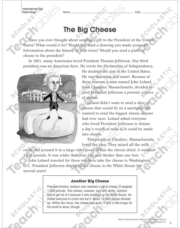 The Big Cheese: Reading Homework | Printable Texts and Skills Sheets