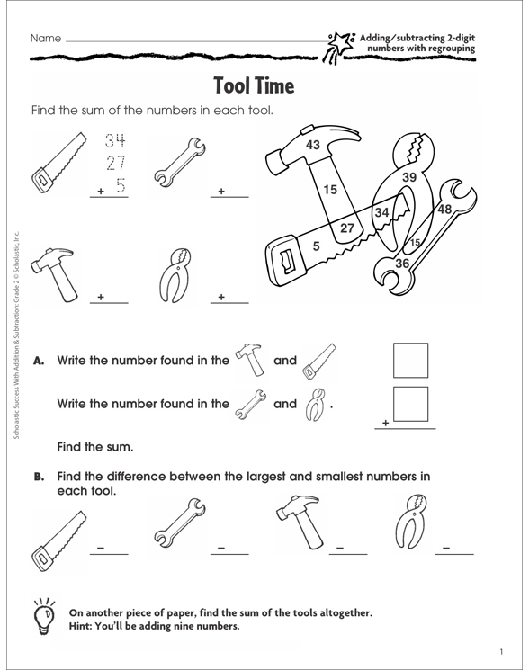 Tool Time (Add/Subtract 2-Digit Numbers) | Printable Skills Sheets