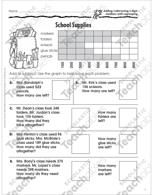 School Supplies (Add/Subtract 3-Digit Numbers) | Printable Skills Sheets
