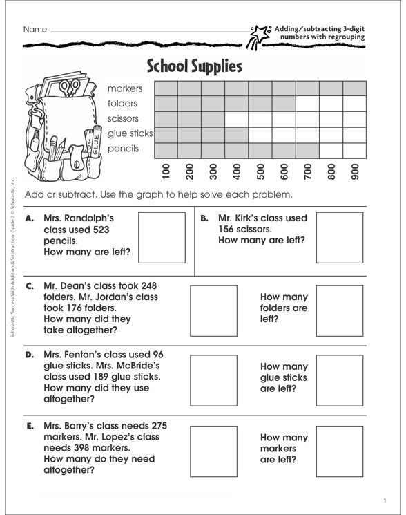 School Supplies (Add/Subtract 3-Digit Numbers) | Printable Skills Sheets