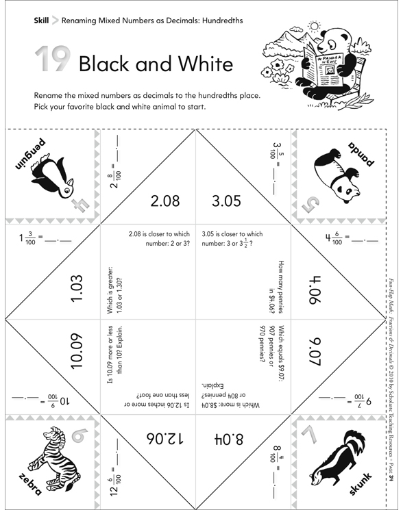 Black and White (Renaming Mixed Numbers as Decimals: Hundredths): Fun ...