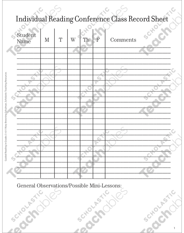 Individual Reading Conference Class Record Sheet | Printable Forms and ...