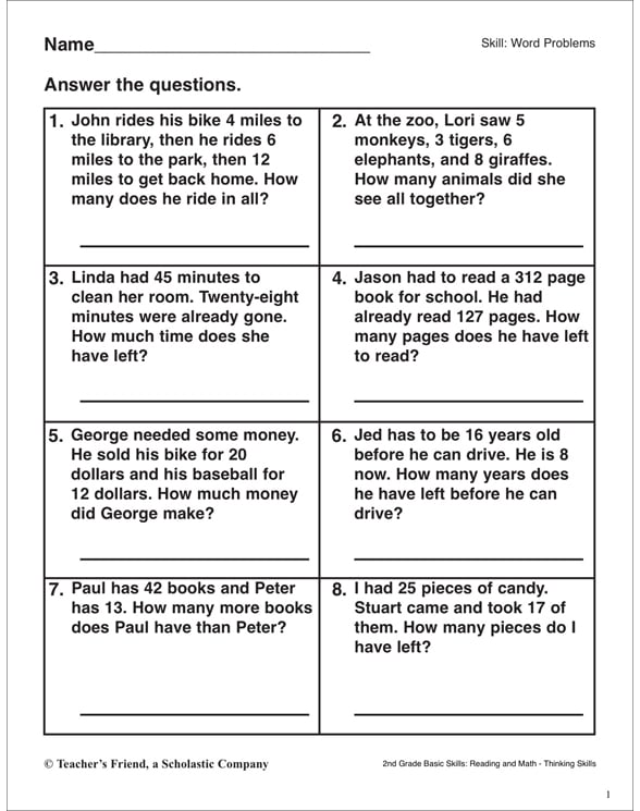 Word Problems (Grade 2 Math) | Printable Skills Sheets