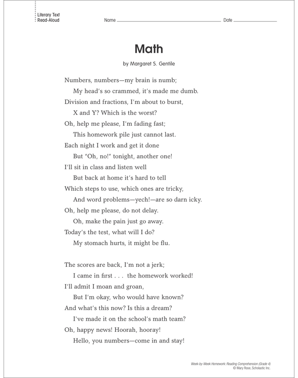 Math: Reading Homework | Printable Skills Sheets and Texts