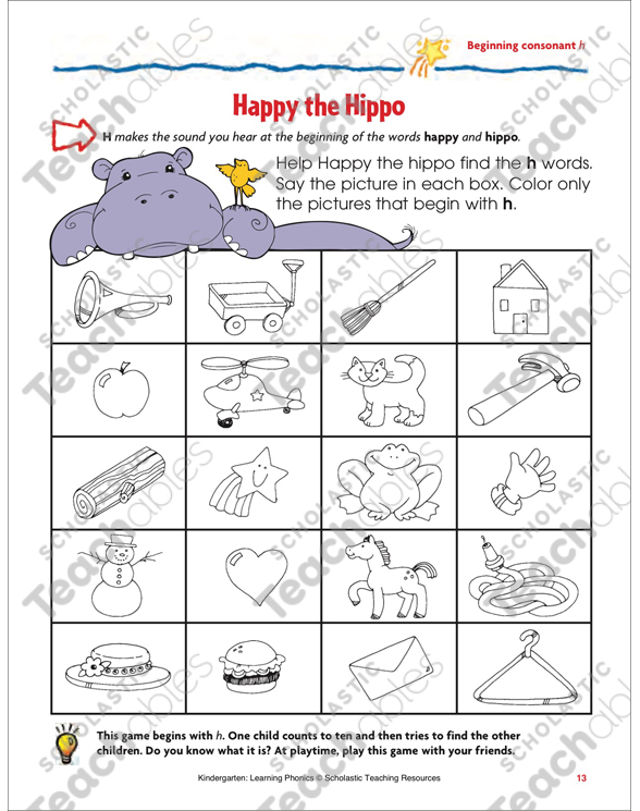 Happy the Hippo (Beginning Consonant H) (Color) | Printable Skills Sheets