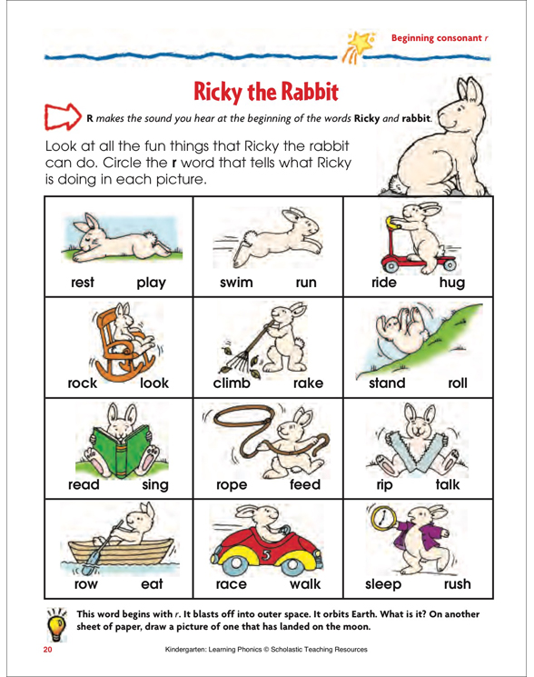 Ricky the Rabbit (Beginning Consonant R) (Color) | Printable Skills Sheets
