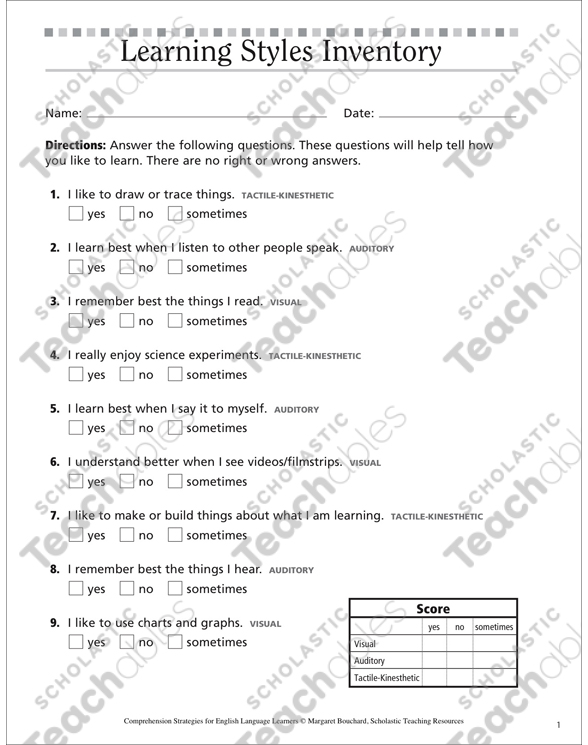Learning Styles Inventory Printable Quiz & Worksheet Learning Style