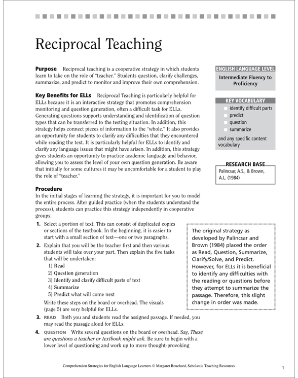 Reciprocal Teaching for English Language Learners | Printable Lesson ...