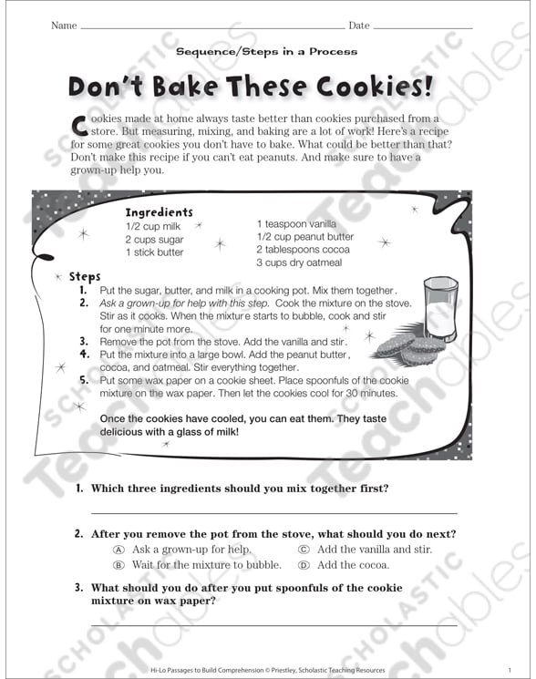 Don’t Bake These... (Sequence/Steps) Hi-Lo Passage | Printable Skills ...