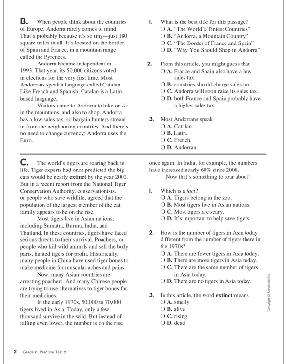 Reading Skills Practice Test 2 Grades 5 6 Printable Test Prep 