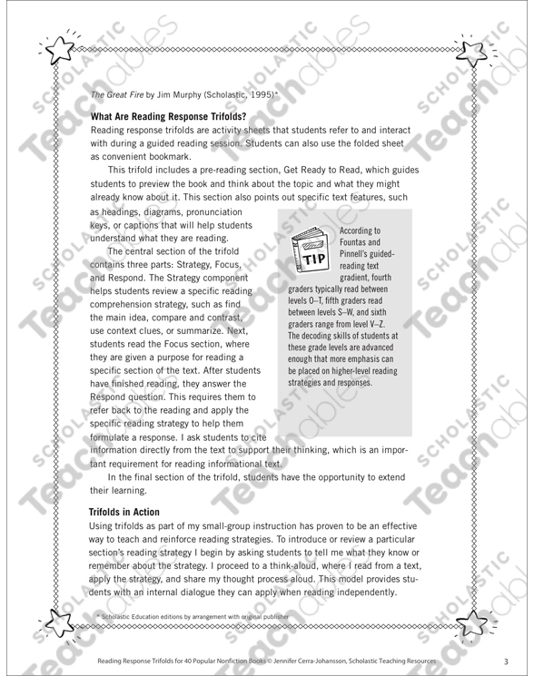 Great Fire: Reading Response Trifold | Printable Skills Sheets ...