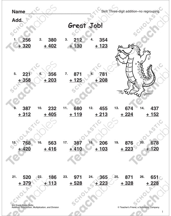 Great Job! (Three-Digit Addition Without Regrouping) | Printable Skills ...