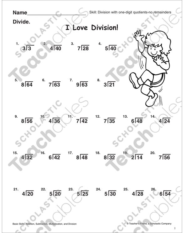 I Love Division! (One-Digit Quotients Without Remainders) | Printable ...