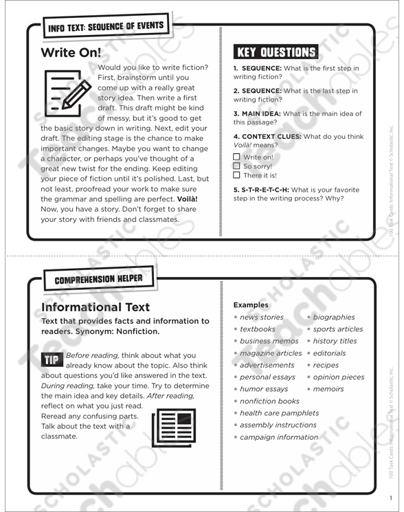 Write On! Informational Text Task Card | Printable Lesson Plans, Ideas ...