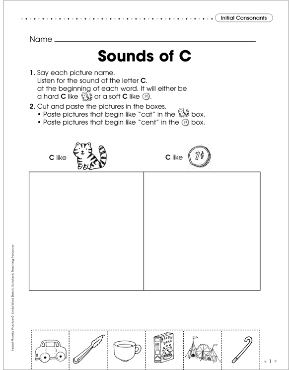 Initial Consonants: Sounds of C | Printable Skills Sheets, Cut and Pastes