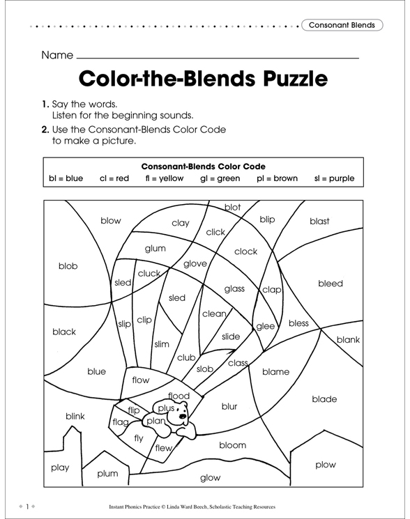 Consonant Blends: Color-the-Blends Puzzle | Printable Skills Sheets and ...