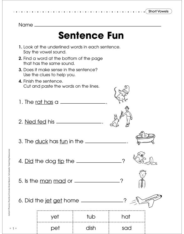 Short Vowels: Sentence Fun | Printable Skills Sheets, Cut and Pastes